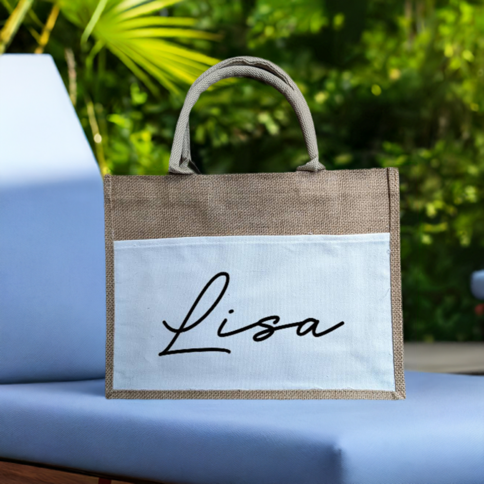 Personalised Jute/Burlap Tote Bag with Canvas Pocket – Wattle Lane Designs