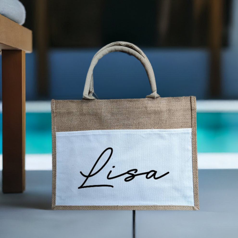 Personalised Jute/Burlap Tote Bag with Canvas Pocket – Wattle Lane Designs