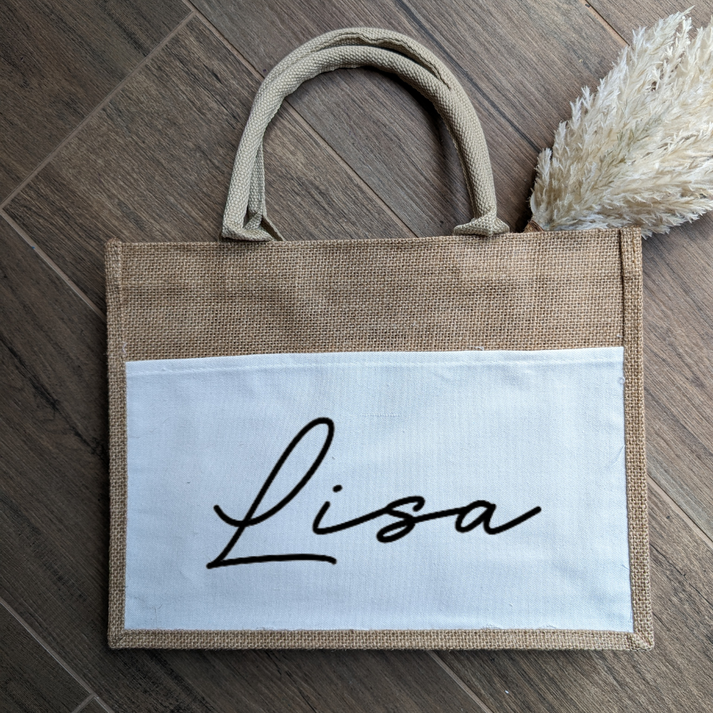 Personalised Jute/Burlap Tote Bag with Canvas Pocket – Wattle Lane Designs